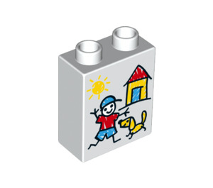 Duplo White Brick 1 x 2 x 2 with Childrens drawing of house, dog and ...