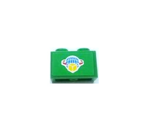 LEGO Green Brick 1 x 2 with Globe and Parcel Sticker with Bottom Tube ...