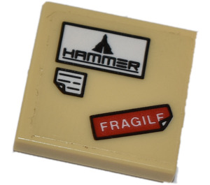 LEGO Tan Tile 2 x 2 with 'HAMMER' Logo and 'FRAGILE’ Sticker with ...