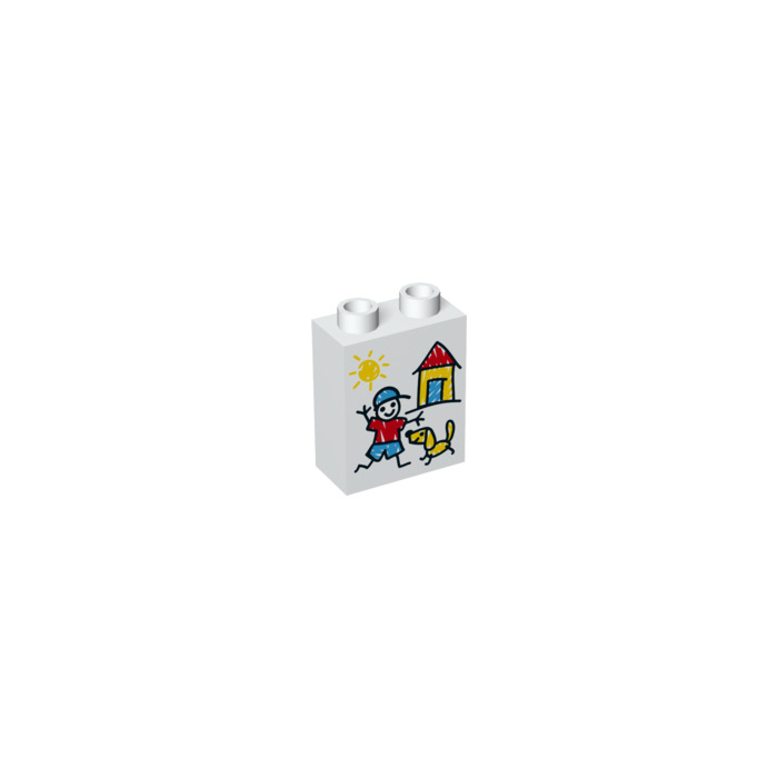Duplo White Brick 1 x 2 x 2 with Childrens drawing of house, dog and ...