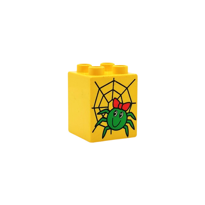 Duplo Yellow Brick 2 x 2 x 2 with web and green spider wearing bow ...