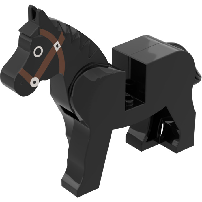 LEGO Black Horse with Moveable Head with Brown Bridle and White Circled ...