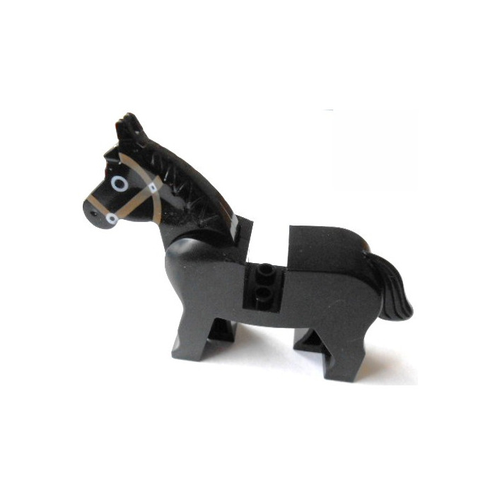 LEGO Black Horse with Moveable Head with Brown Bridle and White Circled ...