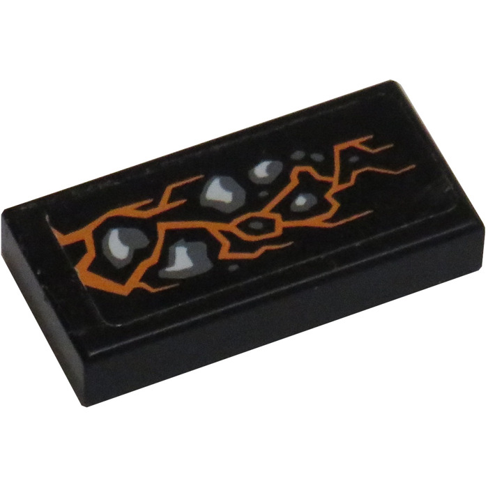 LEGO Black Tile 1 x 2 with Orange Cracks and Stones Sticker with Groove ...