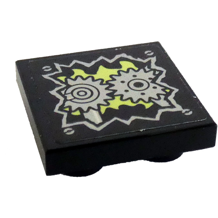 LEGO Black Tile 2 x 2 Inverted with Silver Gear and Yellowish Green ...