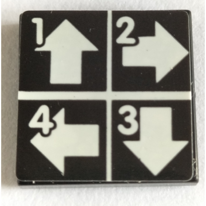 LEGO Black Tile 2 x 2 with White Up, Down, Left, Right Arrows with 1,2 ...