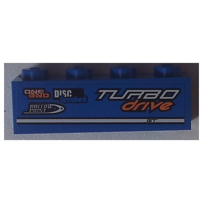 LEGO Blue Brick 1 x 4 with 'ONE', 'DISC breakers' and 'TURBO drive ...