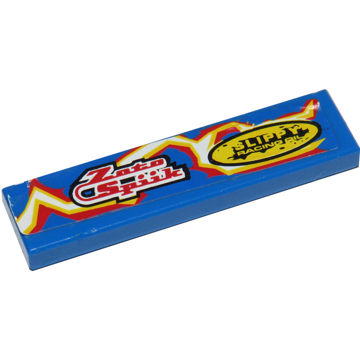 LEGO Blue Tile 1 x 4 with 'Zoto Spiik' and 'SLIPPY RACING' Left Sticker ...