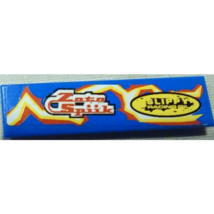 LEGO Blue Tile 1 x 4 with 'Zoto Spiik' and 'SLIPPY RACING' Left Sticker ...