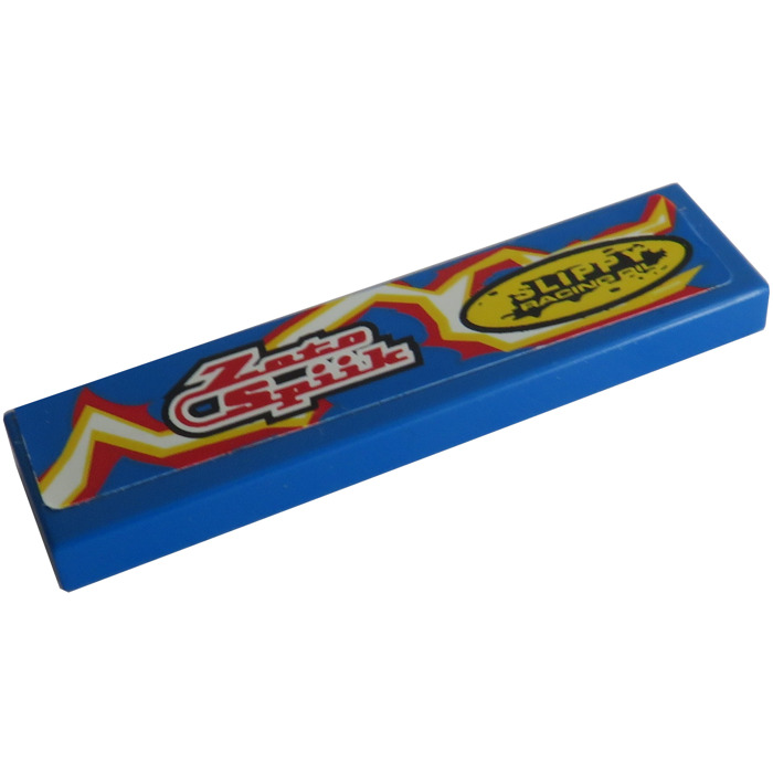 LEGO Blue Tile 1 x 4 with 'Zoto Spiik' and 'SLIPPY RACING' Left Sticker ...