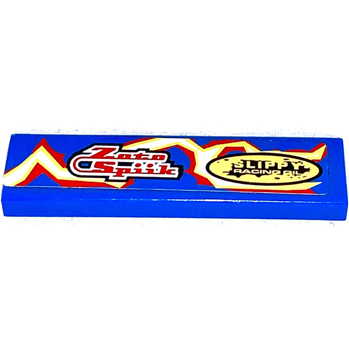 LEGO Blue Tile 1 x 4 with 'Zoto Spiik' and 'SLIPPY RACING' Left Sticker ...
