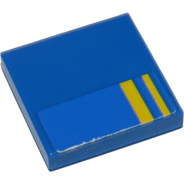LEGO Blue Tile 2 x 2 with 2 Yellow Lines Sticker with Groove (3068 ...