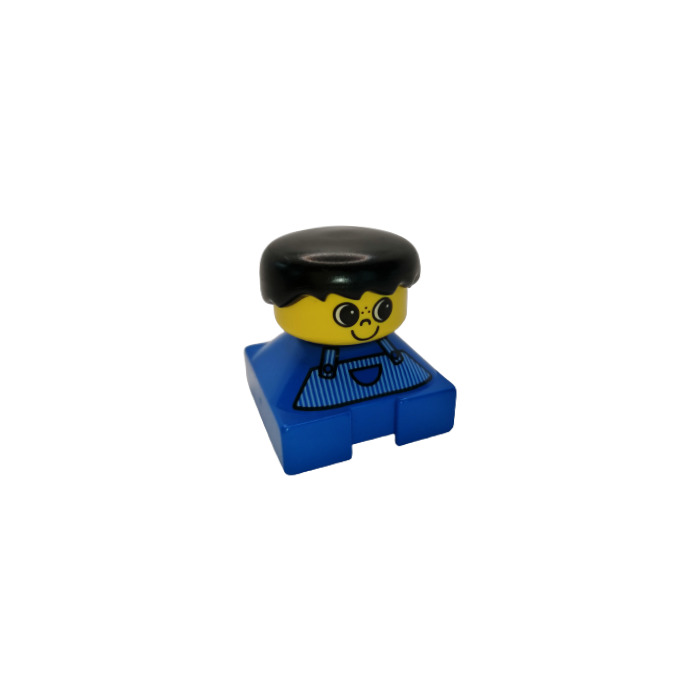LEGO Boy with Black Hair and Striped Overalls on Blue Base Duplo Figure ...