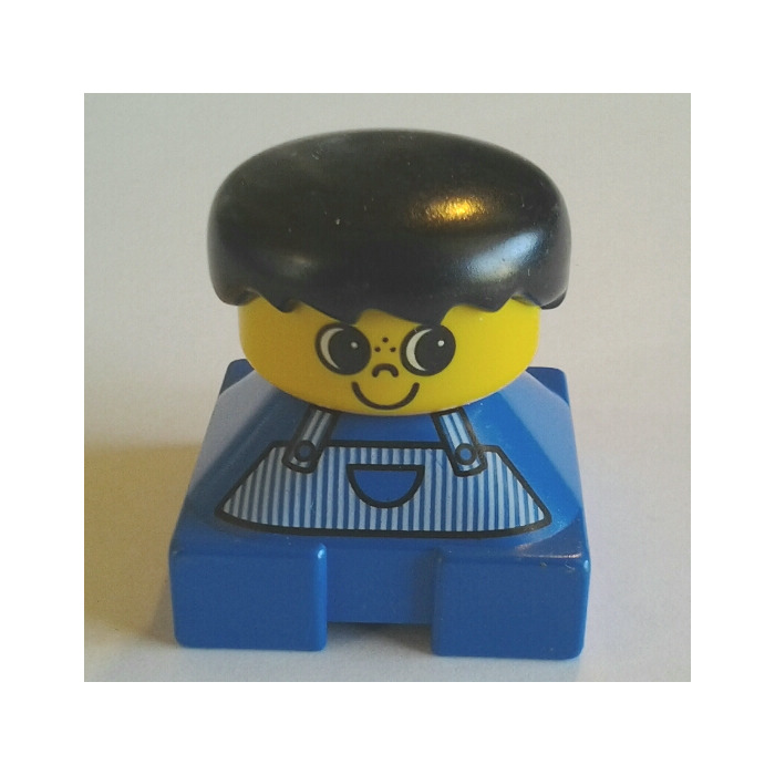 LEGO Boy with Black Hair and Striped Overalls on Blue Base Duplo Figure ...