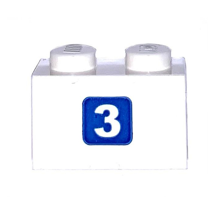 LEGO Brick 1 x 2 with White '3' on Blue Square Sticker with Bottom Tube ...