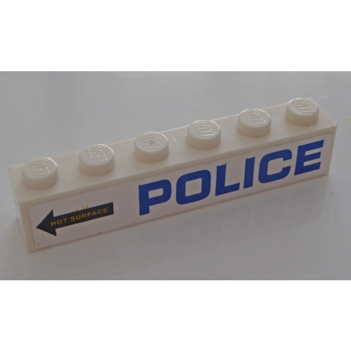 LEGO Brick 1 x 6 with Blue 'POLICE' and Black Arrow with 'HOT SURFACE ...