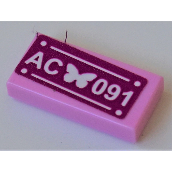 LEGO Bright Pink Tile 1 x 2 with 'AC', butterfly and '091' Sticker with ...