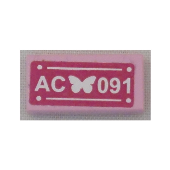 LEGO Bright Pink Tile 1 x 2 with 'AC', butterfly and '091' Sticker with ...