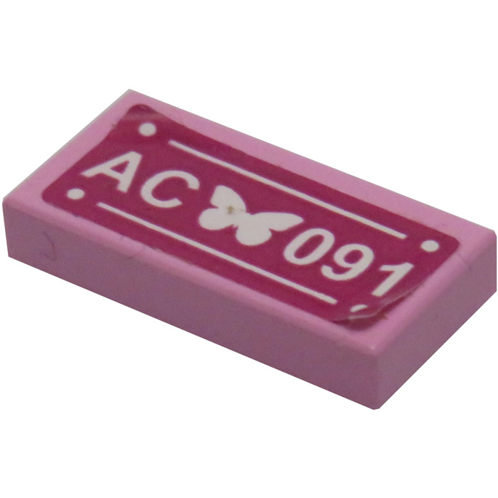 LEGO Bright Pink Tile 1 x 2 with 'AC', butterfly and '091' Sticker with ...