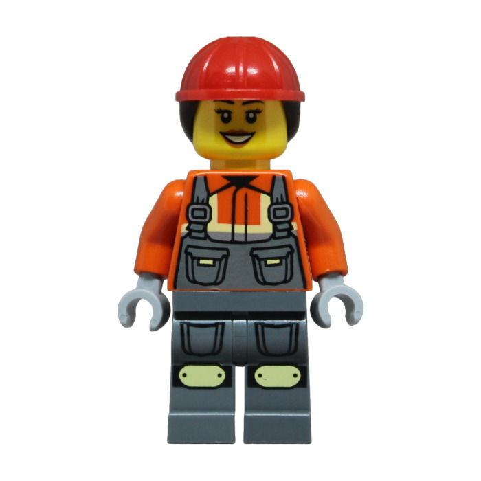 LEGO Construction Worker (Female) with Gray Overalls and Helmet (Open ...