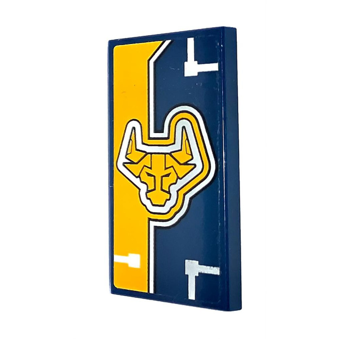 LEGO Dark Blue Tile 2 x 4 with Yellow Bull's Head on Yellow Ground left ...