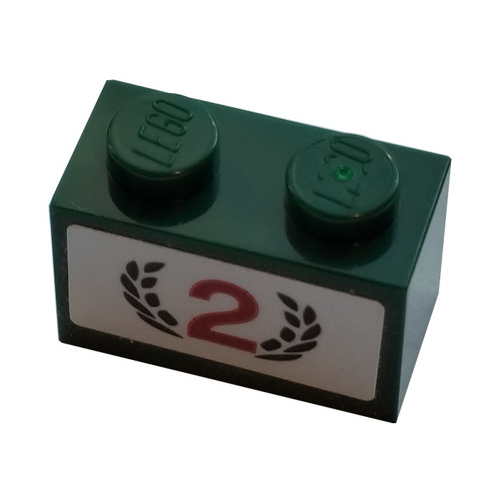 LEGO Dark Green Brick 1 x 2 with Number 2 and Laurel Wreath Sticker ...