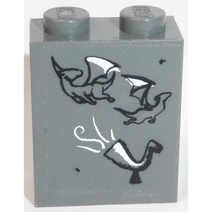LEGO Dark Stone Gray Brick 1 x 2 x 2 with Dragons and horn (Both Sides ...