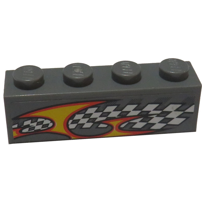 LEGO Dark Stone Gray Brick 1 x 4 with Checkered and Yellow pattern left ...
