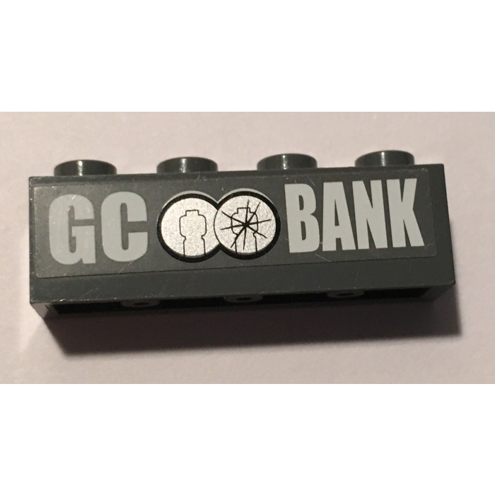 LEGO Dark Stone Gray Brick 1 x 4 with Damaged GC Bank Logo Sticker ...