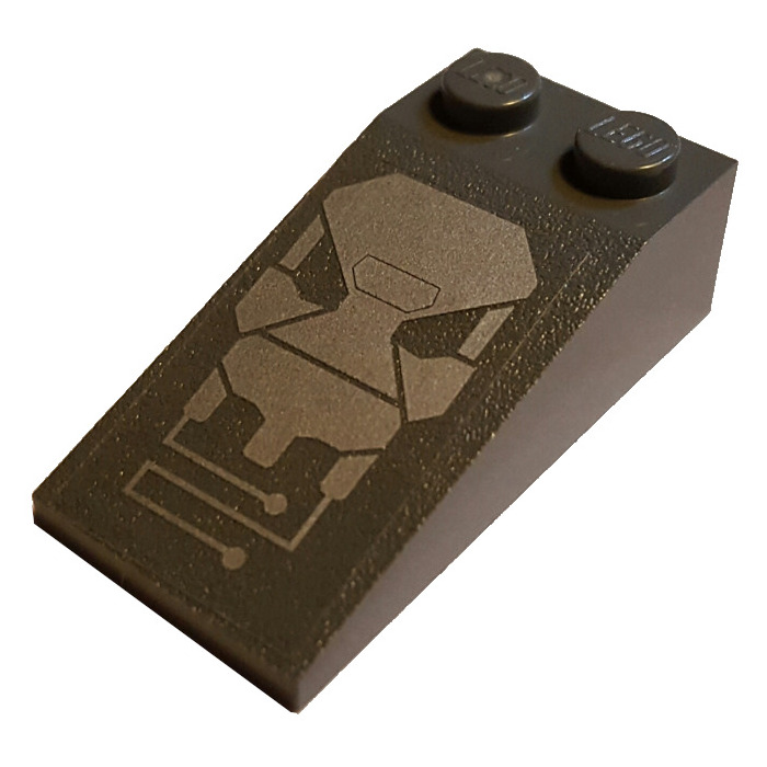 LEGO Dark Stone Gray Slope 2 x 4 (18°) with Silver Robot Head Sticker ...