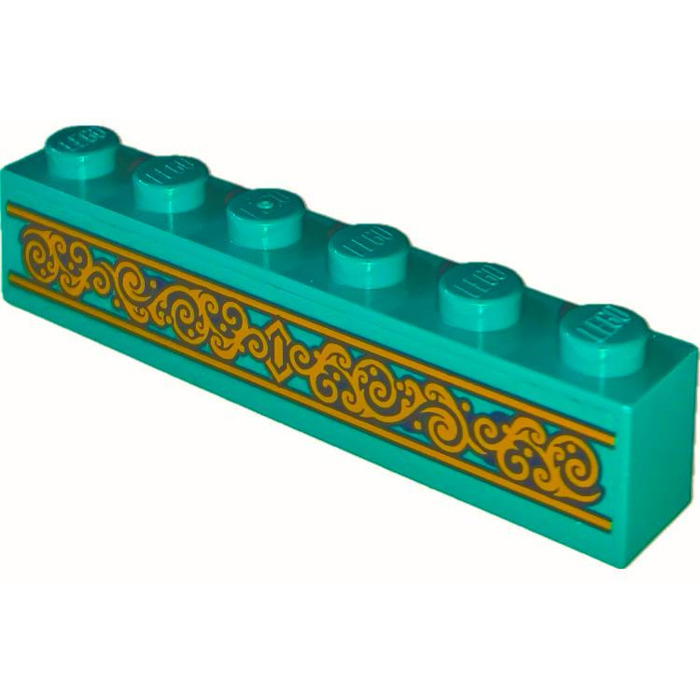 LEGO Dark Turquoise Brick 1 x 6 with Golden Ornamental Decoration ...