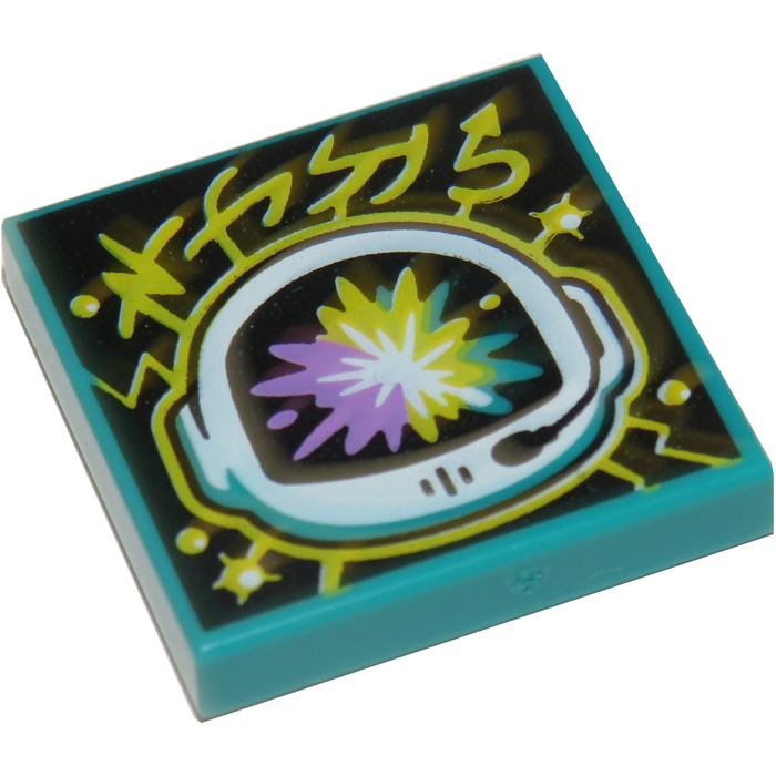 LEGO Dark Turquoise Tile 2 x 2 with Space Helmet Pattern with Groove ...