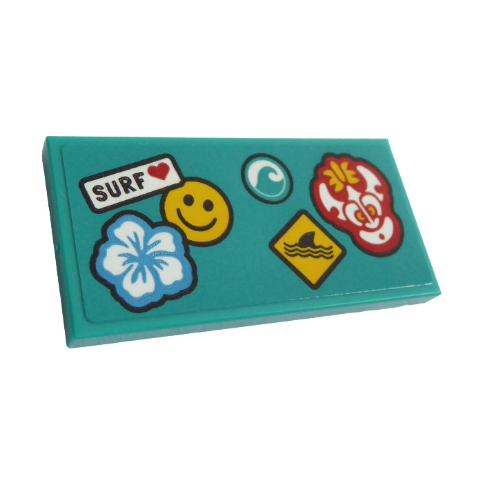 LEGO Dark Turquoise Tile 2 x 4 with Flower, Emoji, Mask, Wave, Shark ...
