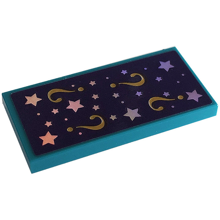 LEGO Dark Turquoise Tile 2 x 4 with Stars, Question marks Sticker ...