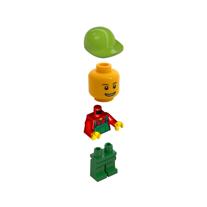 LEGO Farmer in Green Overalls, Red Shirt, Lime Ball Cap, and Open Smile ...