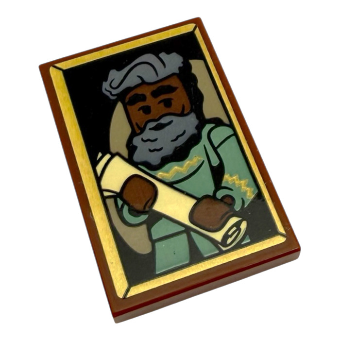 LEGO Tile 2 x 3 with wizard with grey hair and sand green cloak and ...