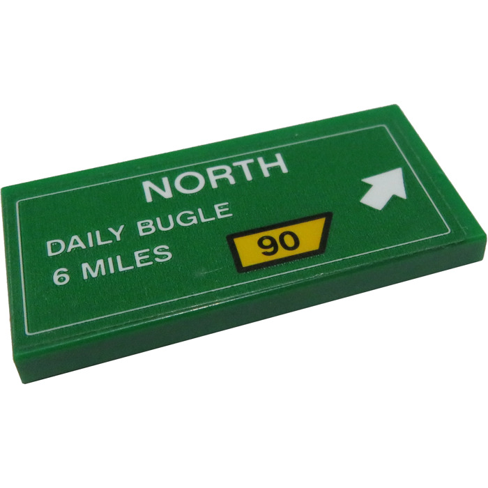 LEGO Green Tile 2 x 4 with Road sign with 'NORTH DAILY BUGLE 6 MILES ...
