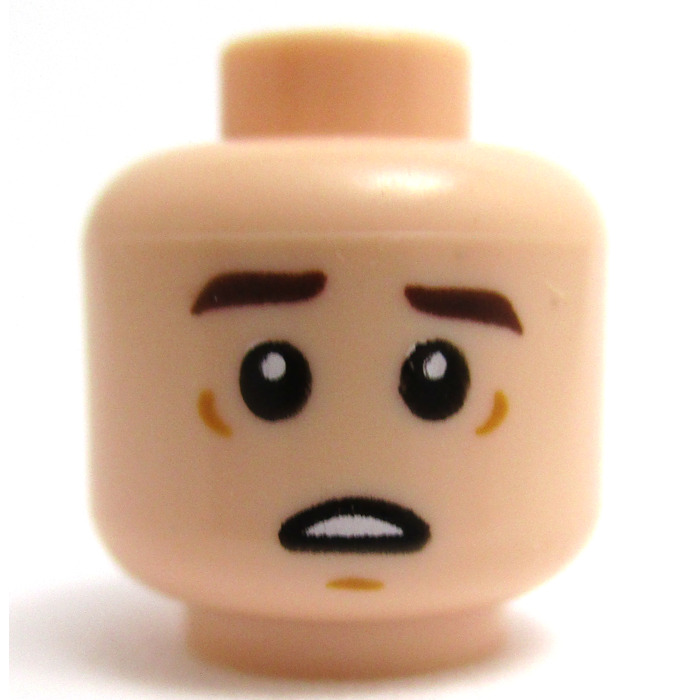 LEGO Head with Dark Brown Eyebrows and Small Smile and Scared ...