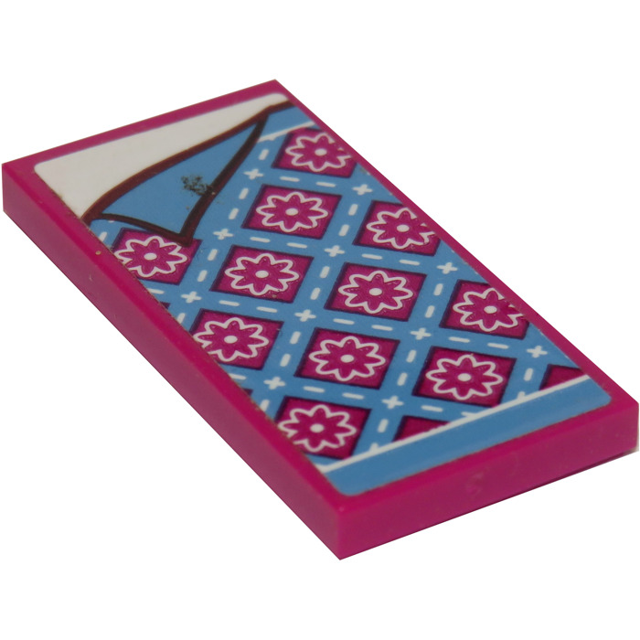 LEGO Magenta Tile 2 x 4 with Bedspread with Magenta Flowers with Corner ...