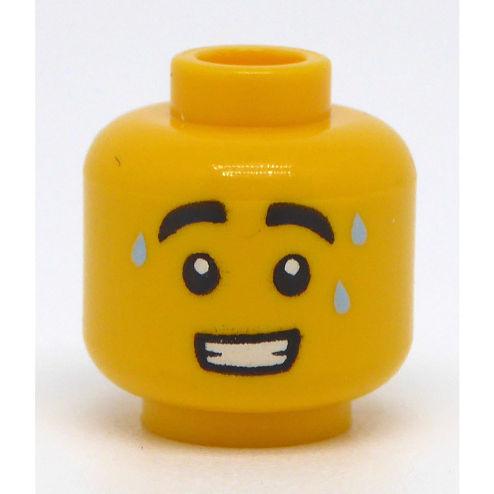 LEGO Male Head with Three Sweat Drops, Thick Eyebrows and Clenched Grin ...