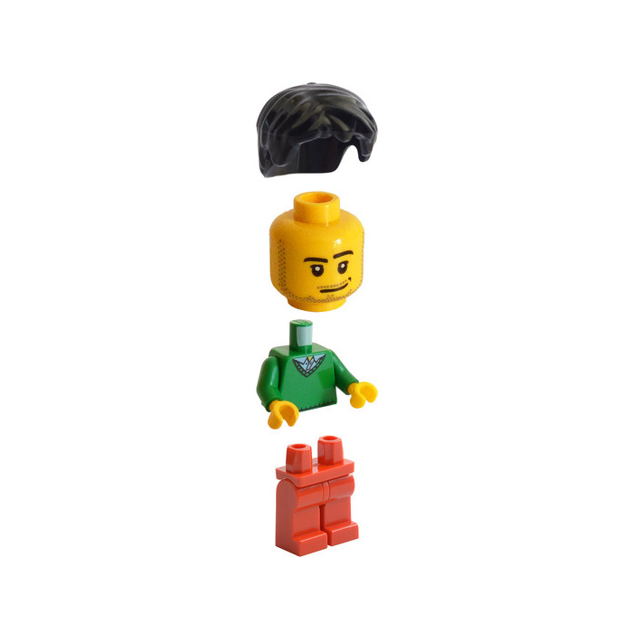 LEGO Male with Black Short Tousled Hair, Stubble Beard, Green V-Neck ...
