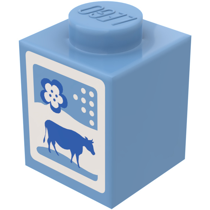 LEGO Medium Blue Brick 1 x 1 with Milk Carton with Cow and Flower (3005 ...