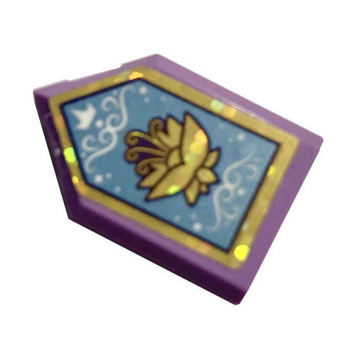 LEGO Medium Lavender Tile 2 x 3 Pentagonal with Lotus Flower in Gold ...