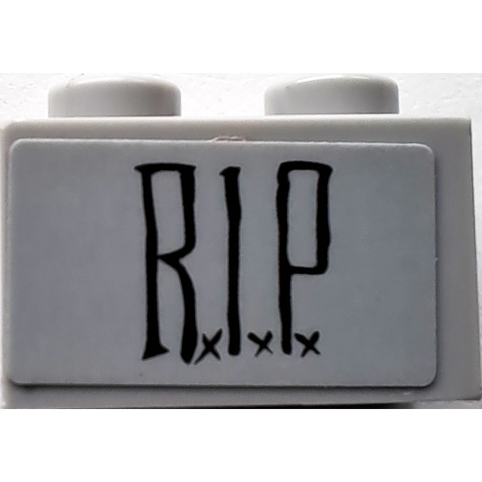 LEGO Medium Stone Gray Brick 1 x 2 with ‘R.I.P.’ Sticker with Bottom ...
