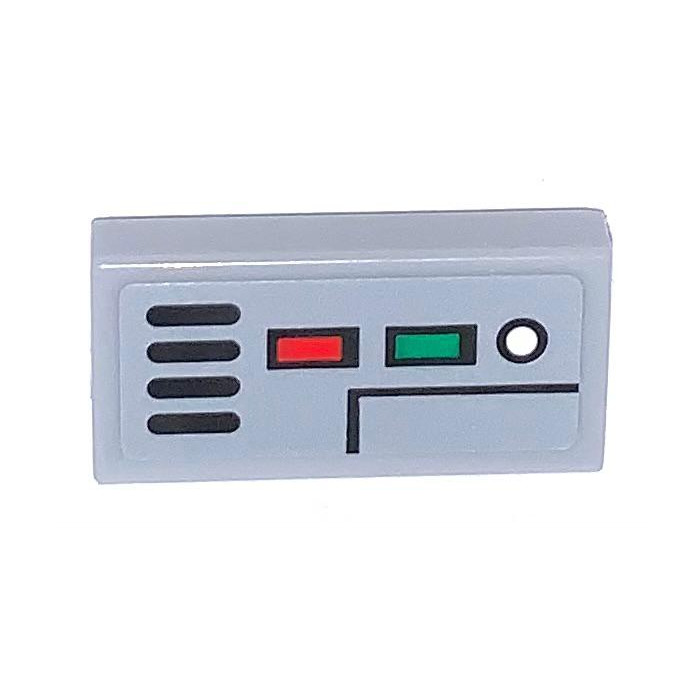 LEGO Medium Stone Gray Tile 1 x 2 with White, Green and Red Button and ...