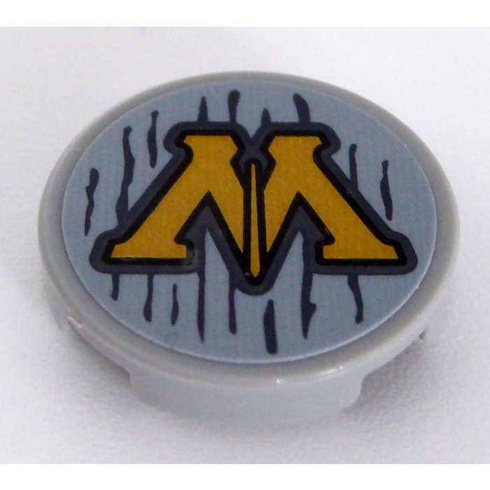 LEGO Medium Stone Gray Tile 2 x 2 Round with Gold 'M' Sticker with ...