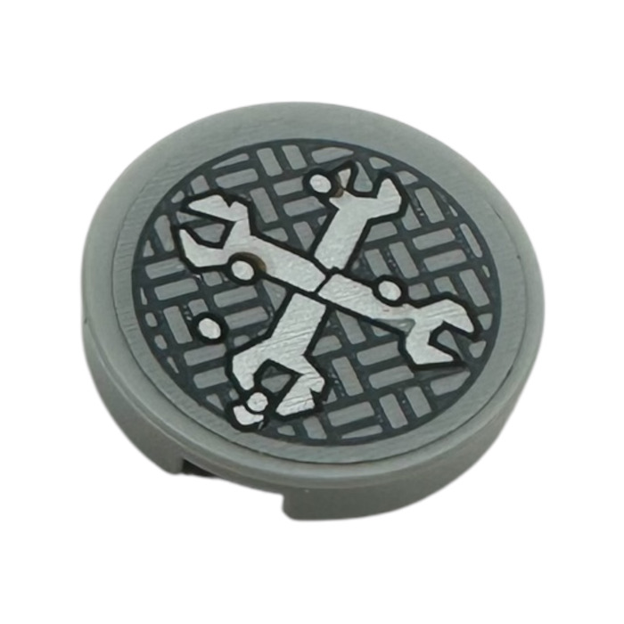 LEGO Medium Stone Gray Tile 2 x 2 Round with Silver Crossed Wrenches ...