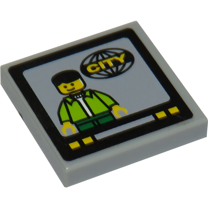 LEGO Medium Stone Gray Tile 2 x 2 with Minifig and CITY in Globe on TV ...