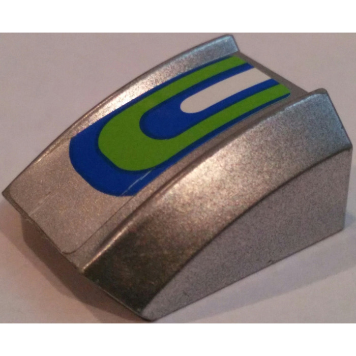 LEGO Metallic Silver Slope 1 x 2 x 2 Curved with White, Green, and Blue ...
