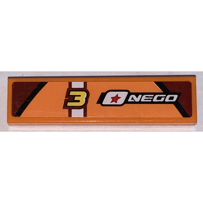 LEGO Orange Tile 1 x 4 with 3 NEGO Spoiler Sticker (2431) | Brick Owl ...
